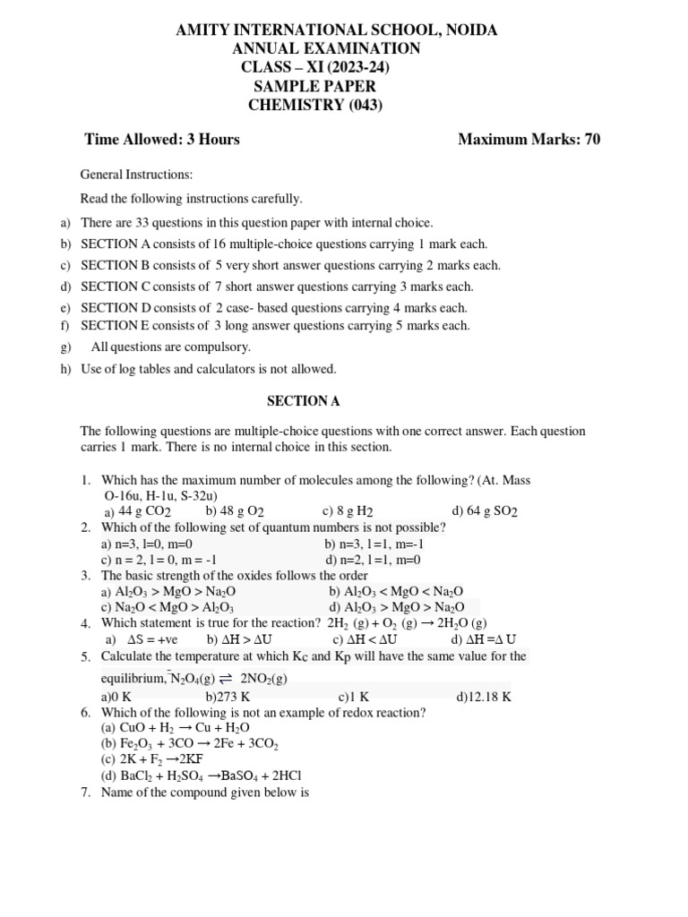 XI CHEM SAMPLE Paper FINAL TERM | PDF