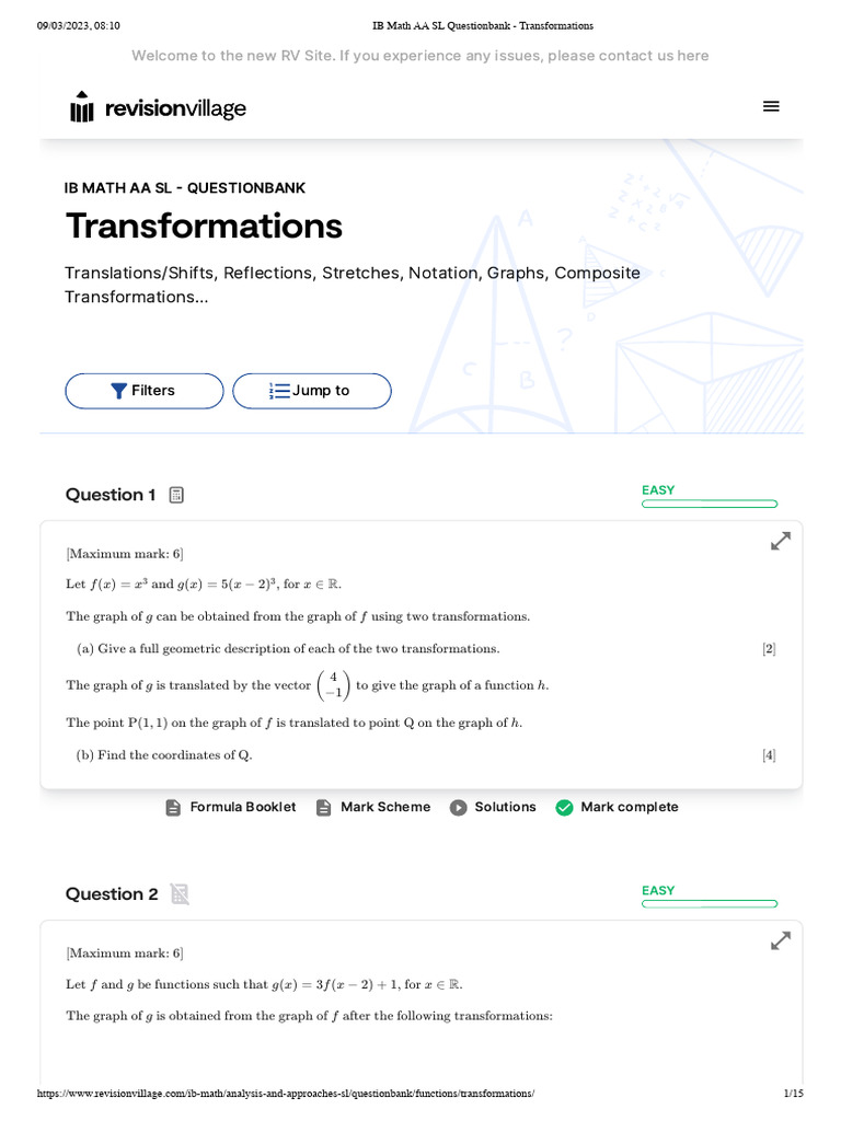 IB Math AA SL Transformations Questionbank | PDF