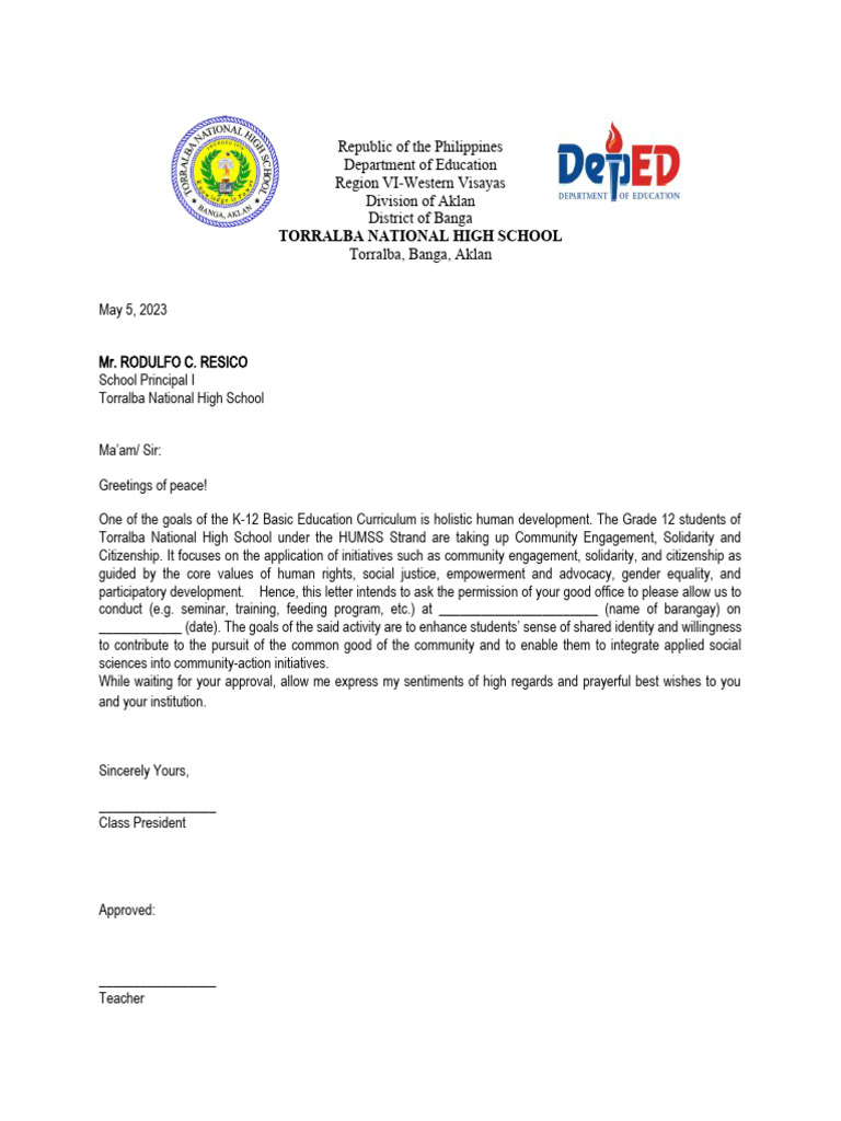 Permission Letter To Conduct Activity (Principal) | PDF