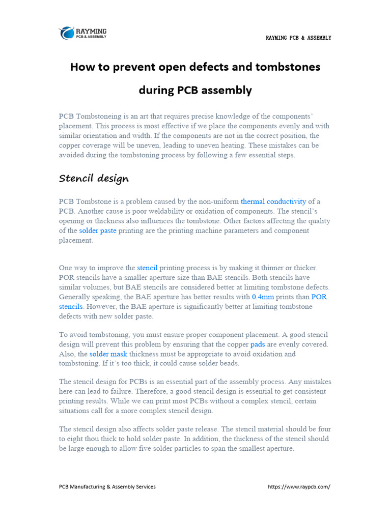 How To Prevent Open Defects and Tombstones During PCB Assembly ...