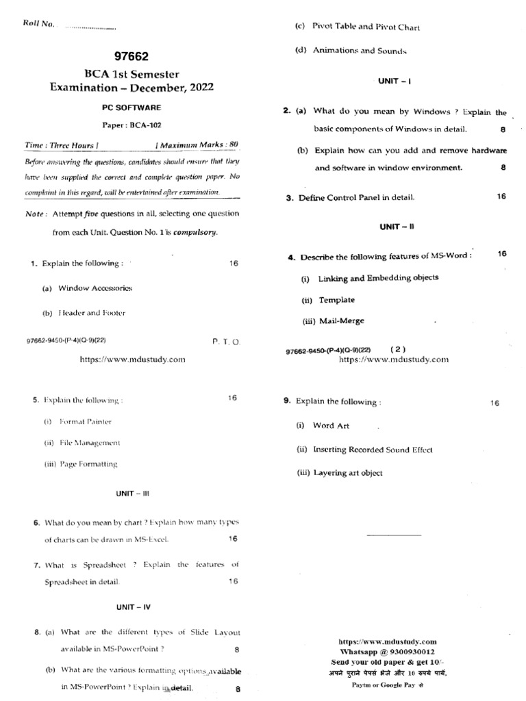 Bca 1 Sem Pc Software 97662 Dec 2022 | PDF