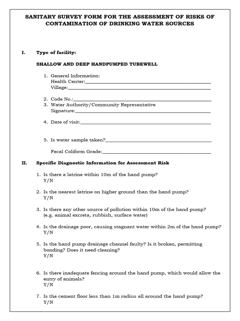 Sanitary Survey Form For The Assessment of Risks of Contamination of ...