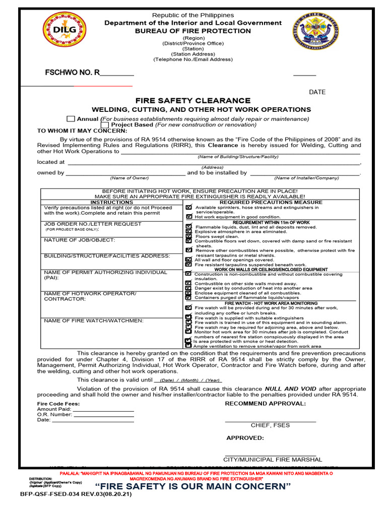 FSED 34F Fire Safety Clearance for Hot Works Operations Rev03 | PDF ...