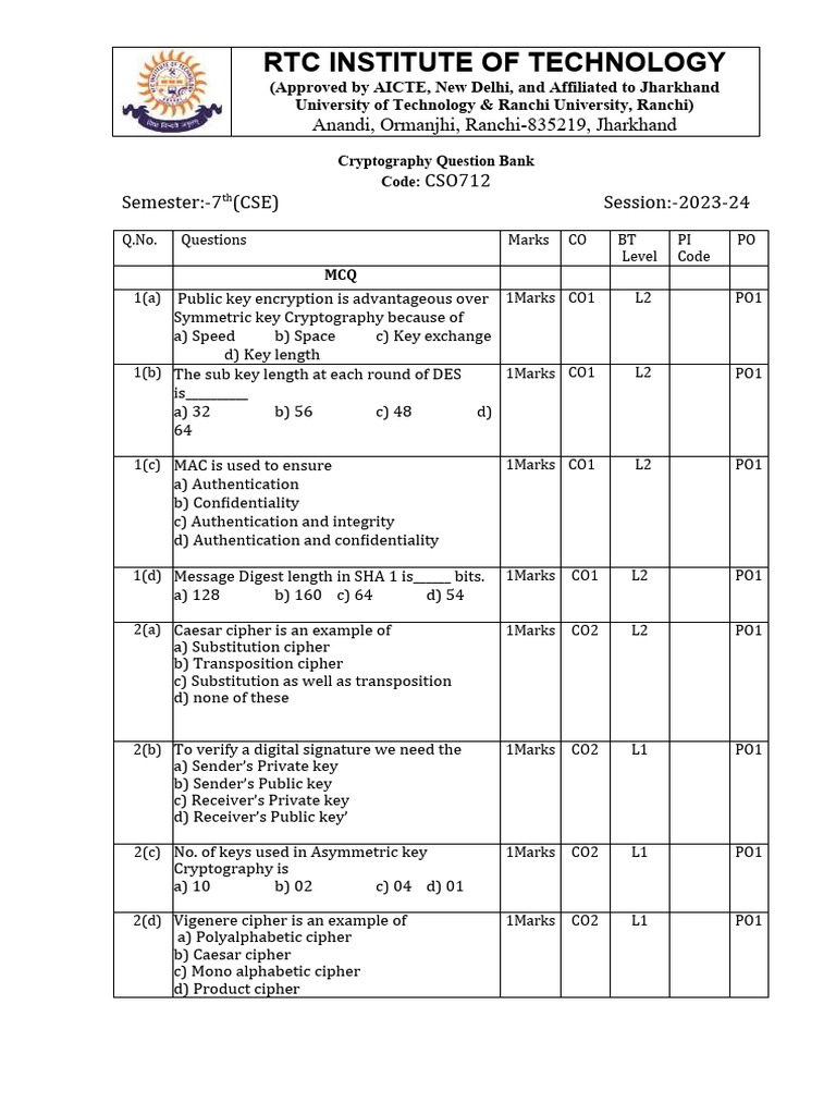 Cryptography Question Bank | PDF | Cryptography | Public Key Cryptography