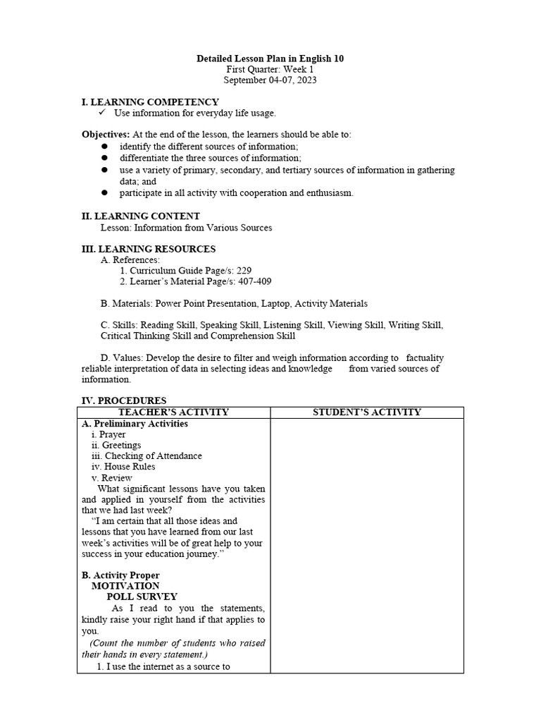 Detailed Lesson Plan in English 10 - Sources of Information | PDF ...