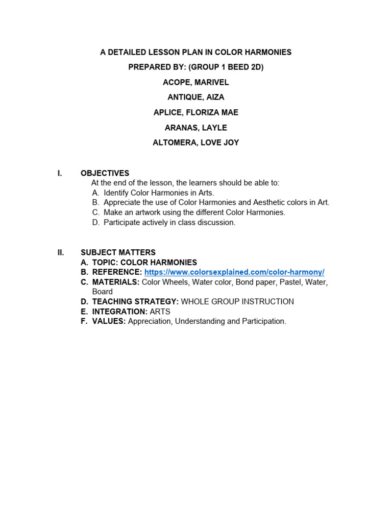 A Detailed Lesson Plan in Color Harmony Group 1 | PDF | Color ...