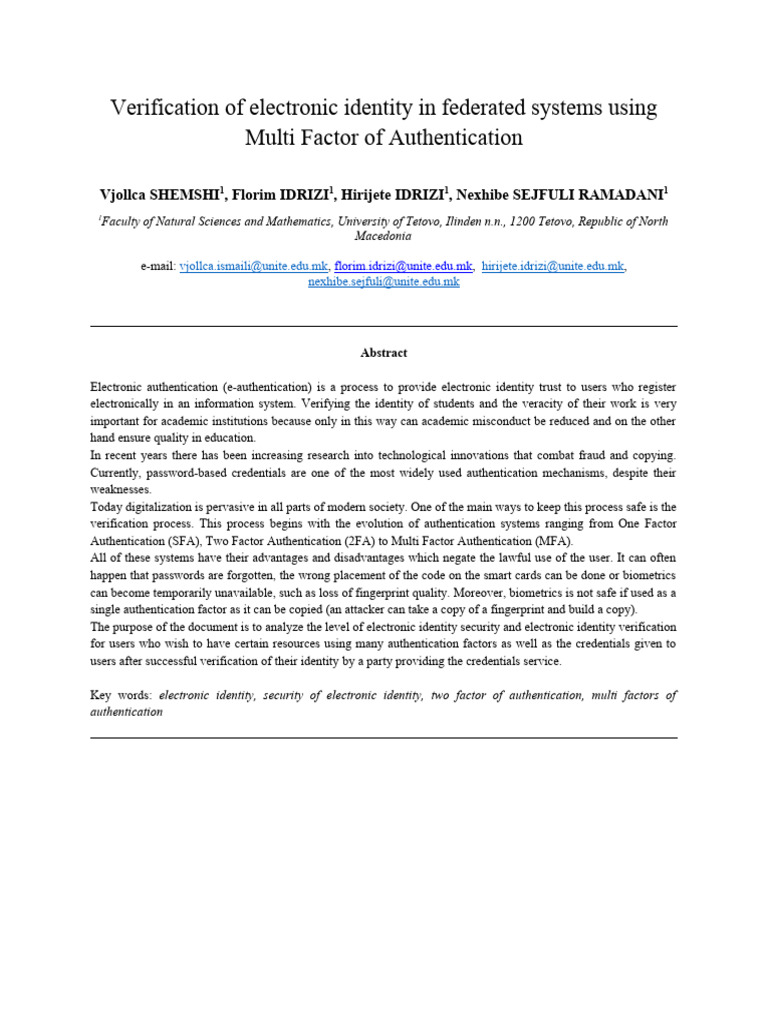 Verification of Electronic Identity in Federated Systems Using Multi ...