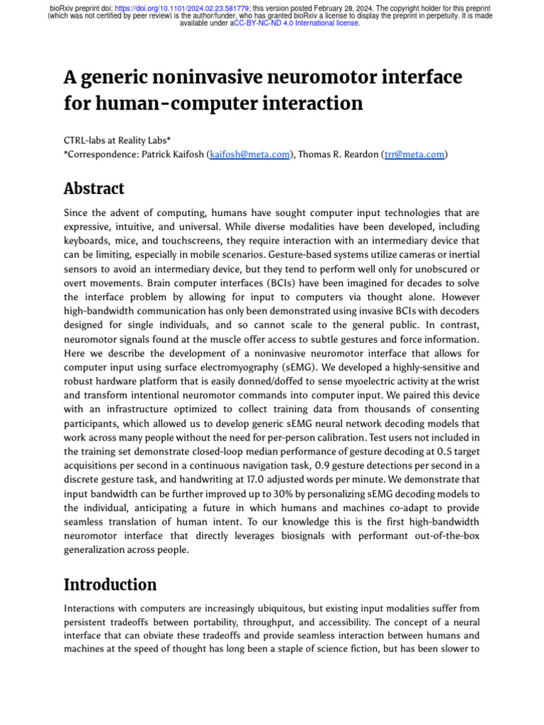 2024 02 23 581779v1 Full | PDF | Electromyography | Human–Computer Interaction