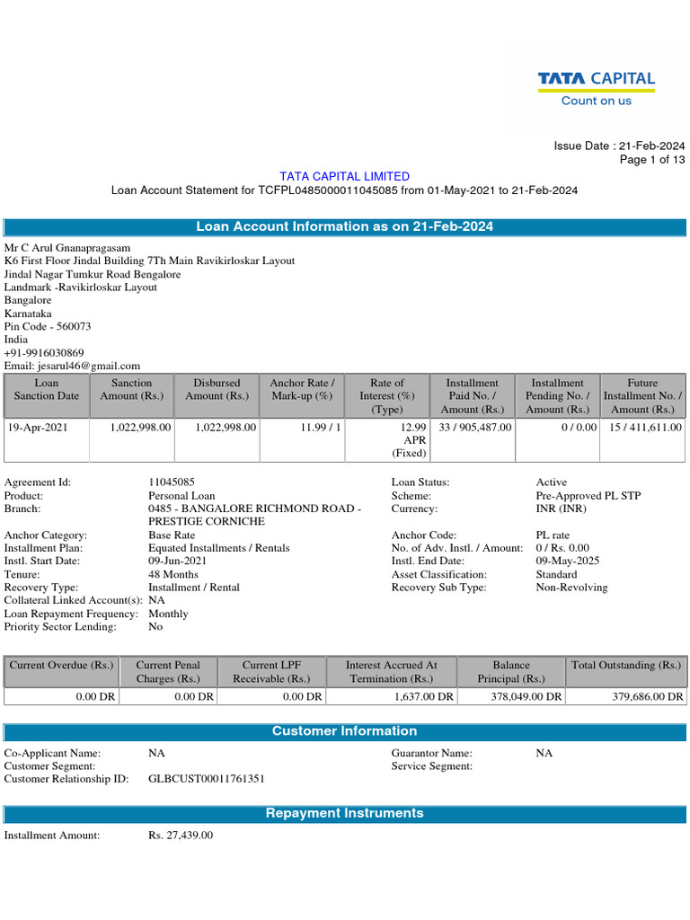 Tata Capital PL STMT As On 21 Feb 2024 | PDF | Debits And Credits | Receipt