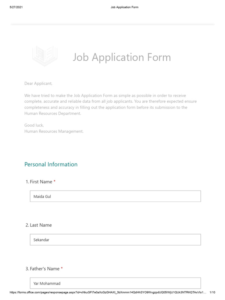 Maida Gul Job Application Form | PDF