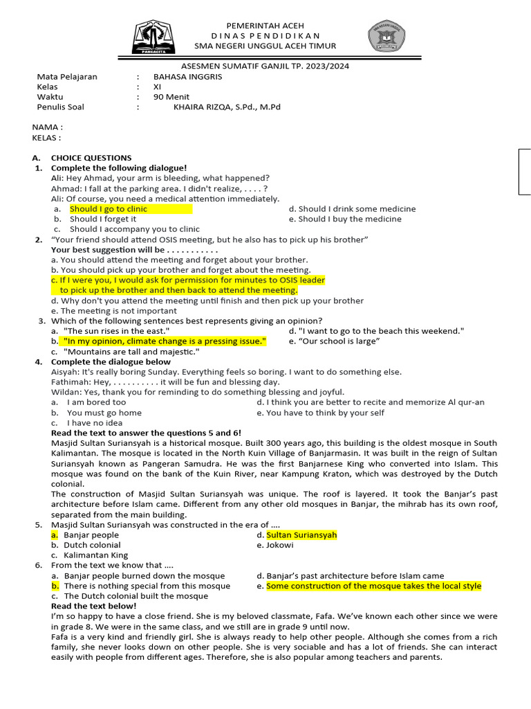 Aceh Education Assessment 2023/2024 | PDF