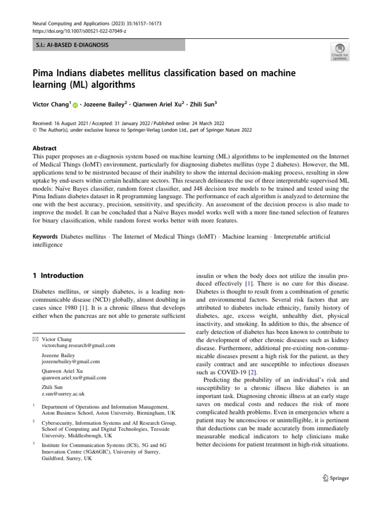 Pima Indians Diabetes Mellitus Classification Based On Machine Learning ...
