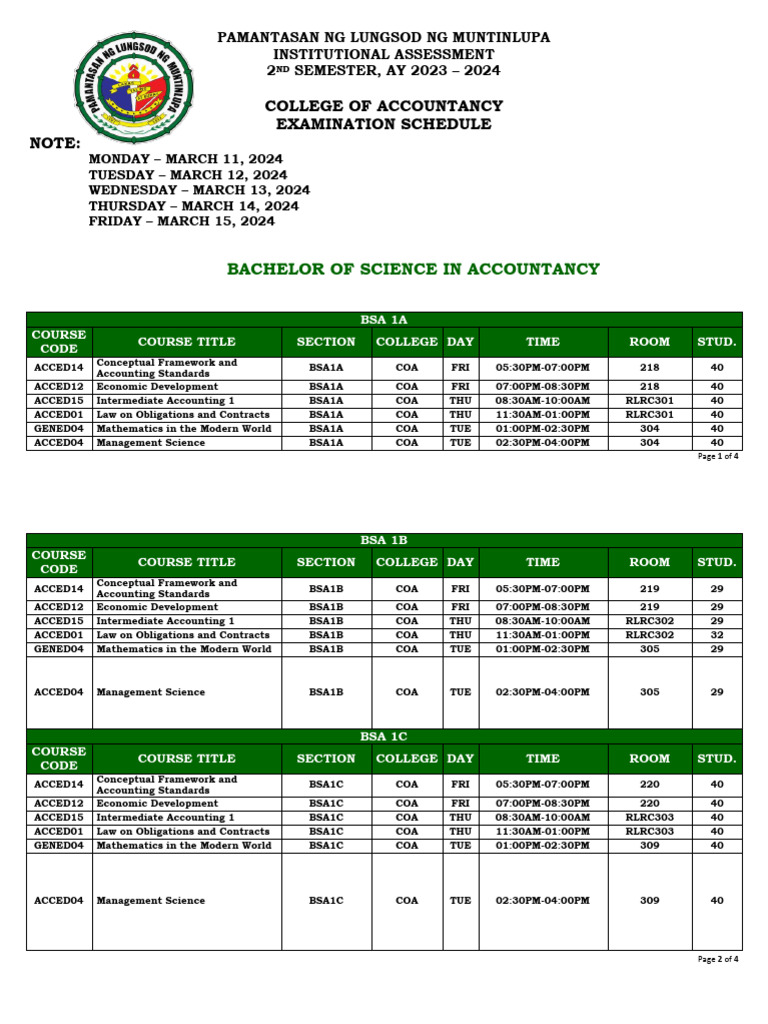 COA Exam Schedule: March 2024 | PDF
