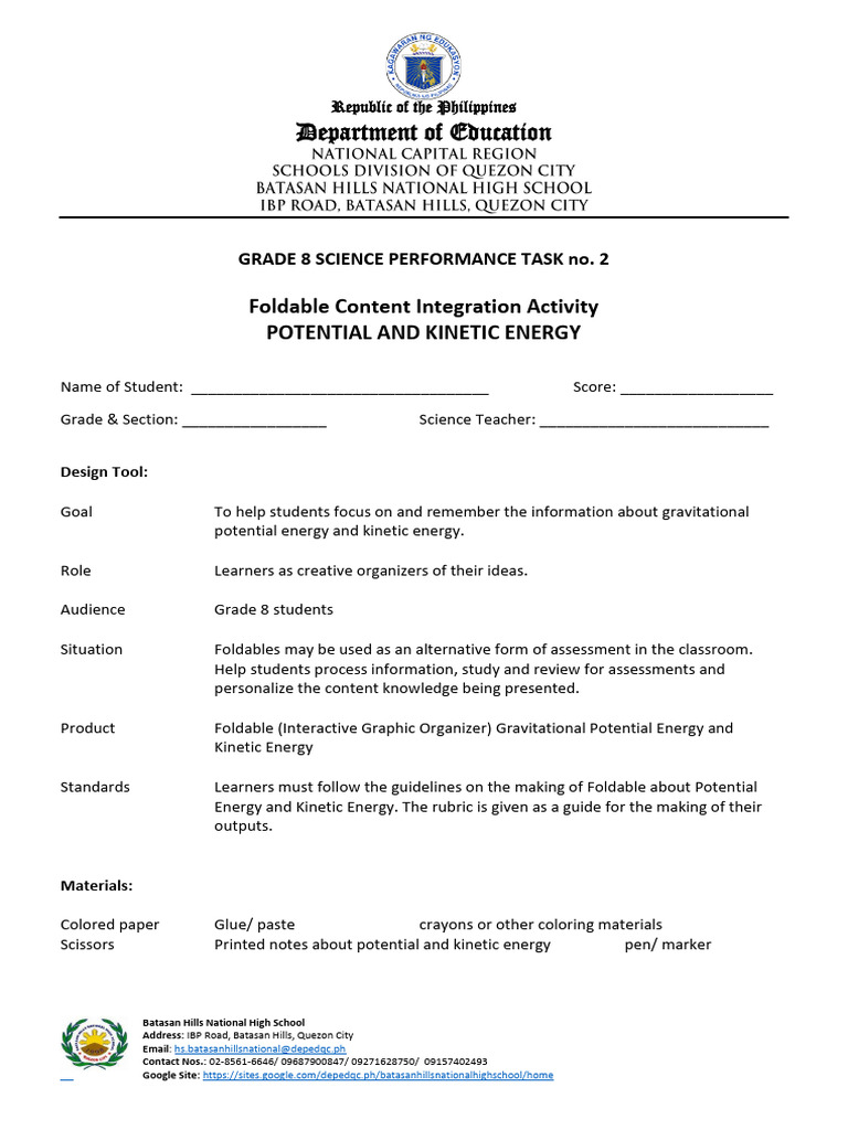 Grade 8 Foldable on Energy Concepts | PDF | Rubric (Academic) | Learning