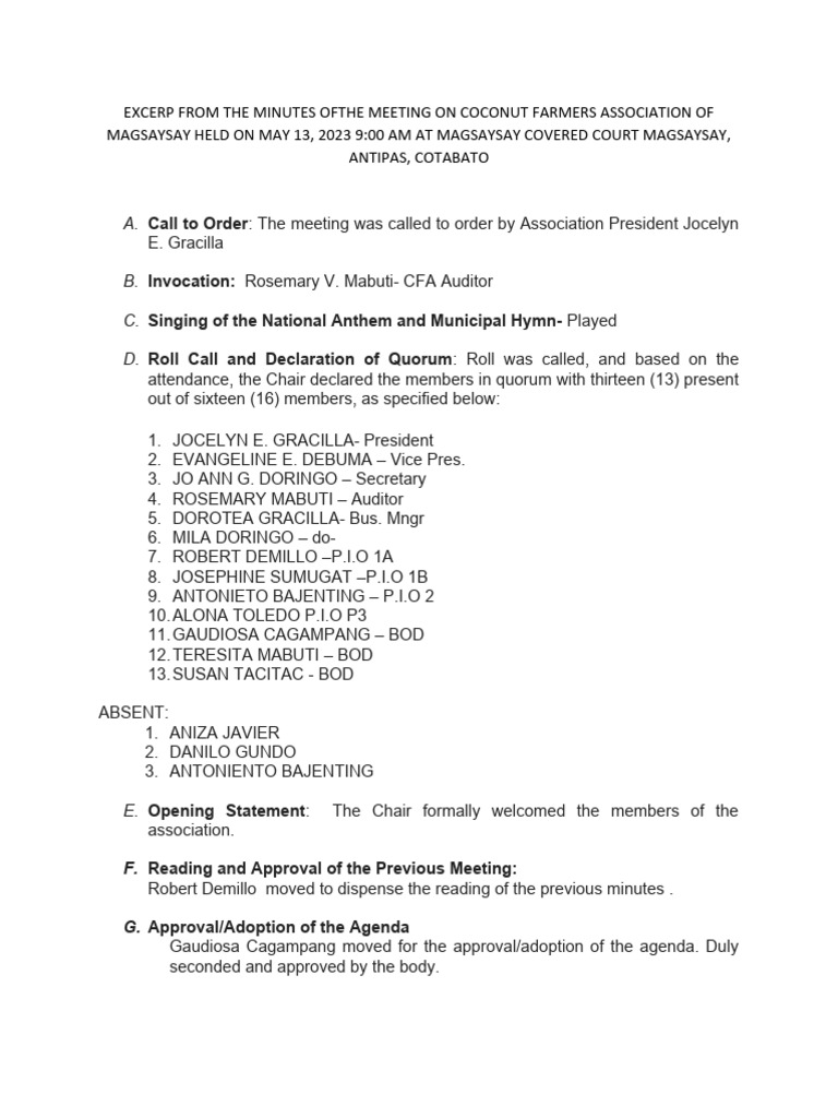 MINUTES OF THE MEETING ON COCONUT FARMERS ASSOCIATION OF MAGSAYSAY HELD ...
