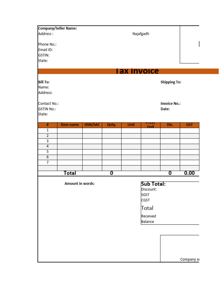 Tax Invoice Template with GST Details | PDF