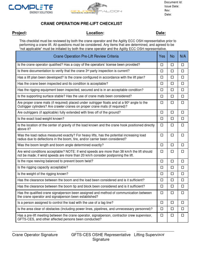 EHS-GFTS-CES. Crane Operation Pre-Lift Checklist.. | PDF | Crane (Machine)