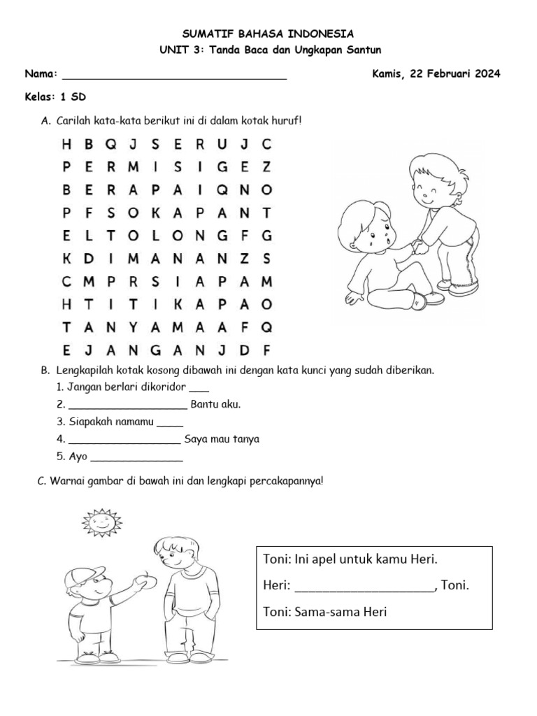 Worksheet Bahasa Indonesia Kelas 1 | PDF | Seni & Disiplin Bahasa