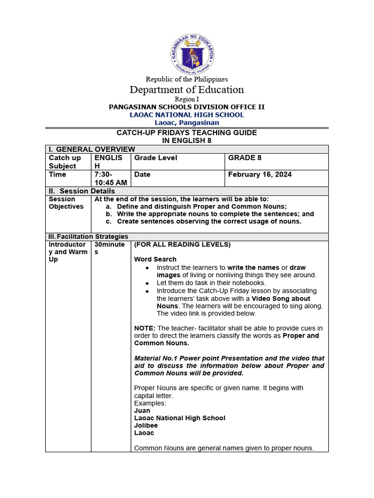 2_CATCH UP FRIDAYS TEACHING GUIDE ENGLISH 8 2024 - Copy | PDF | Learning | Word