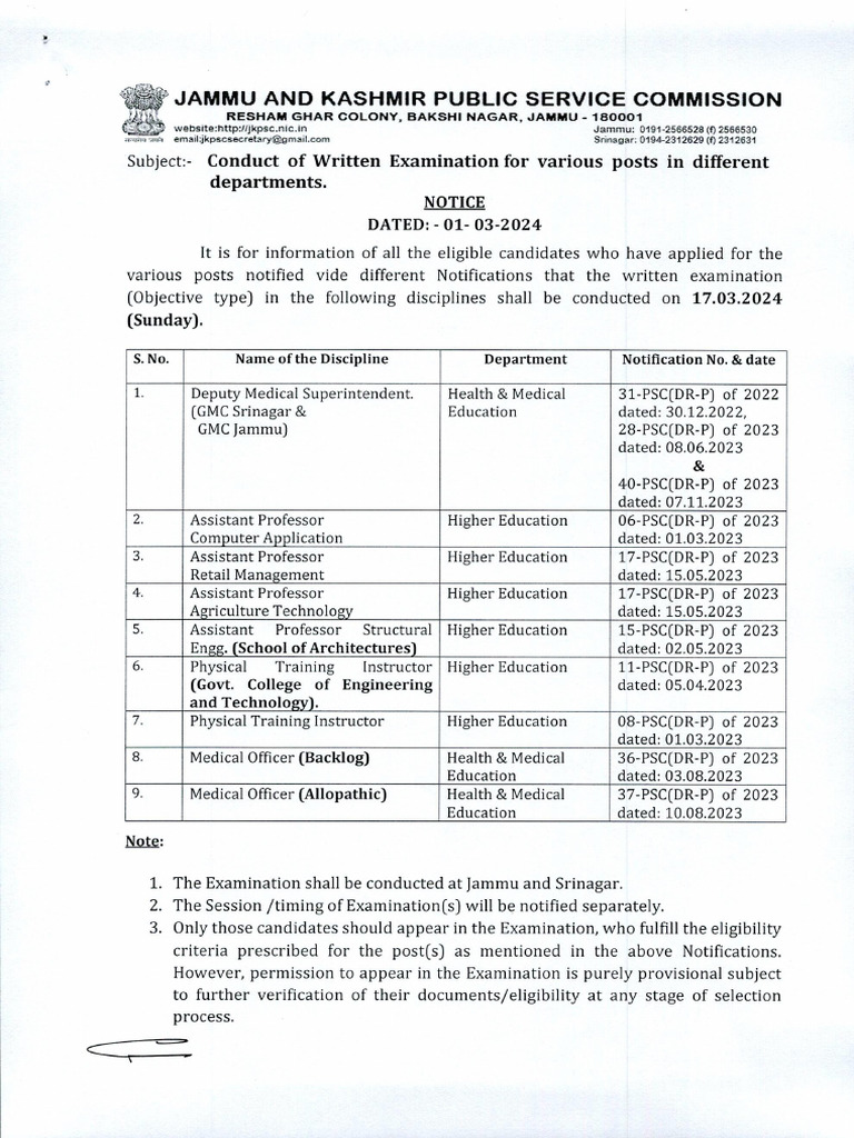Conduct of Written Examinations For Various Posts in Different ...