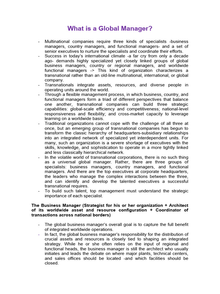 Barlett What Is A Global Manager? | PDF | Multinational Corporation ...