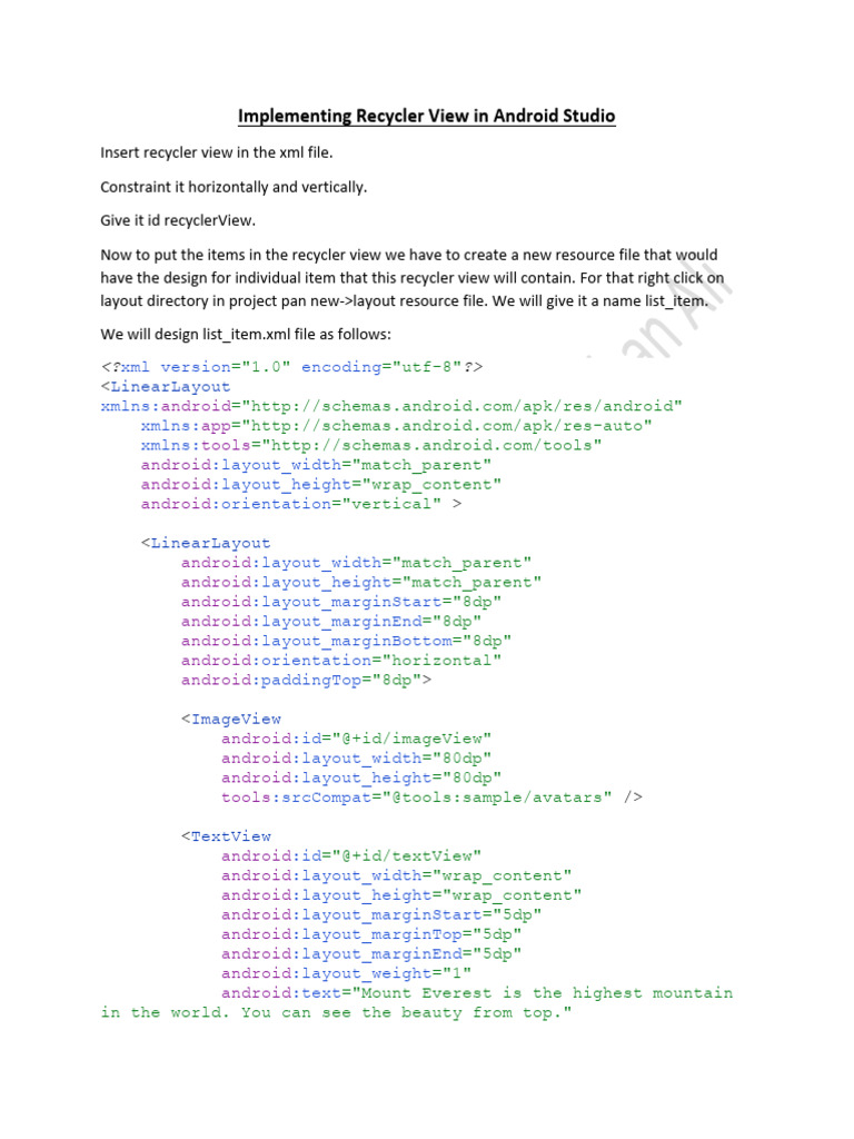 Implementing Recycler View in Android Studio | PDF