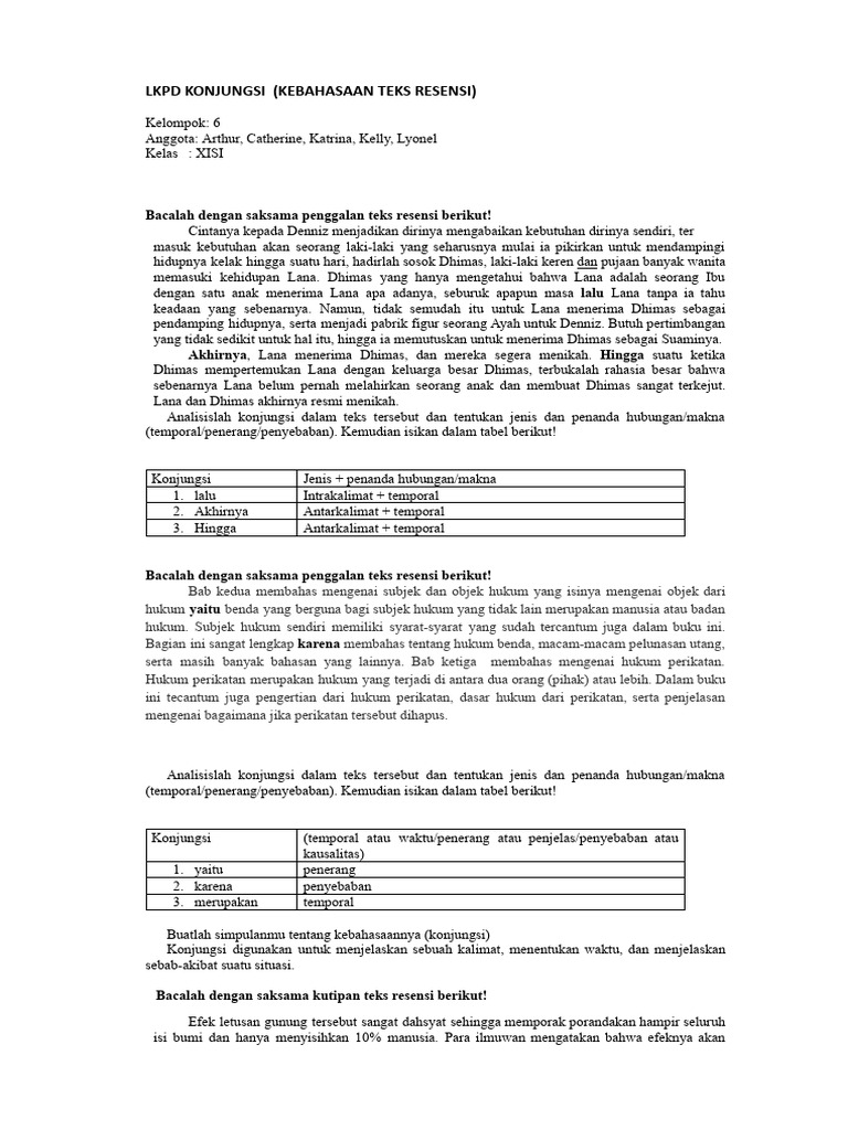 LKPD Konjungsi (Kebahasaan Teks Resensi) PDF | PDF