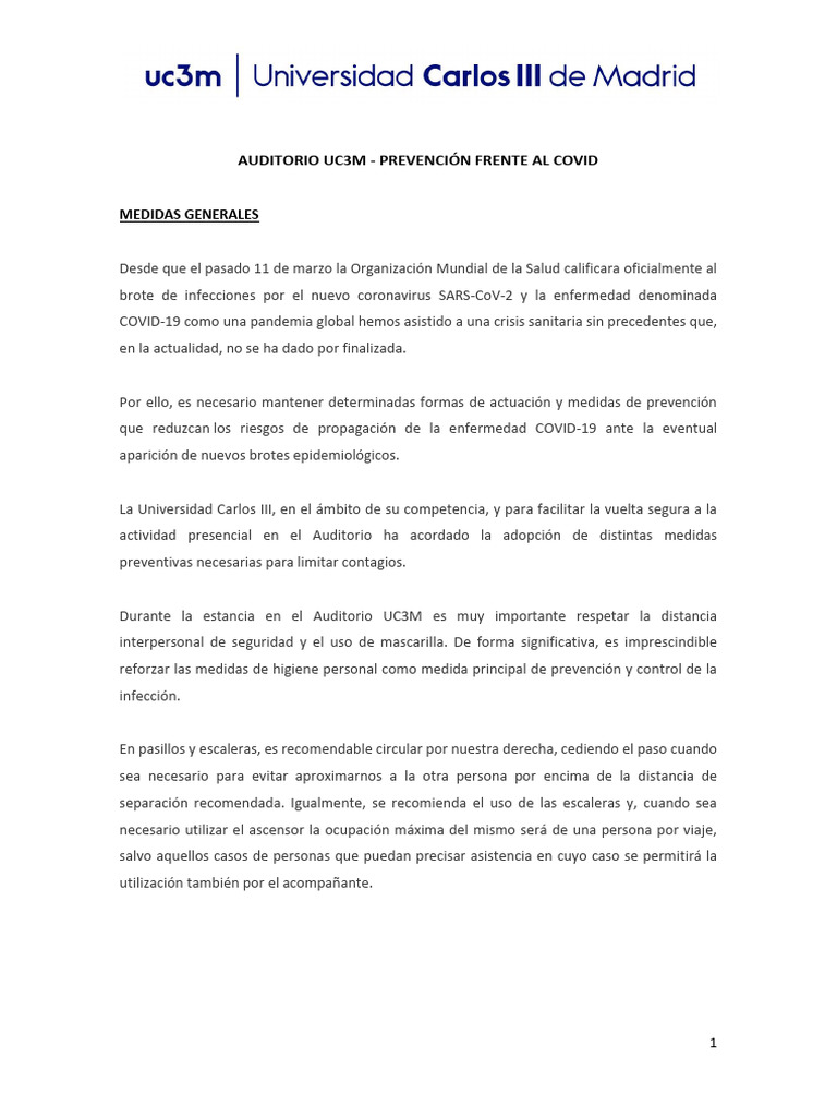 Medidas COVID-19 en Auditorio UC3M | PDF | Ciencias de la Salud | Salud pública