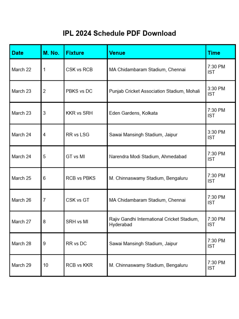 IPL 2024 Schedule PDF Download | PDF | Cricket | Summer Sports