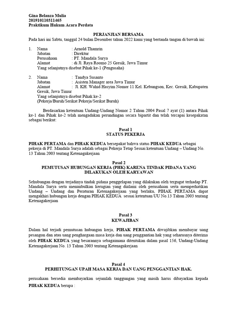 2019-465 Gina Belanza Perjanjian Bersama | PDF | Hukum