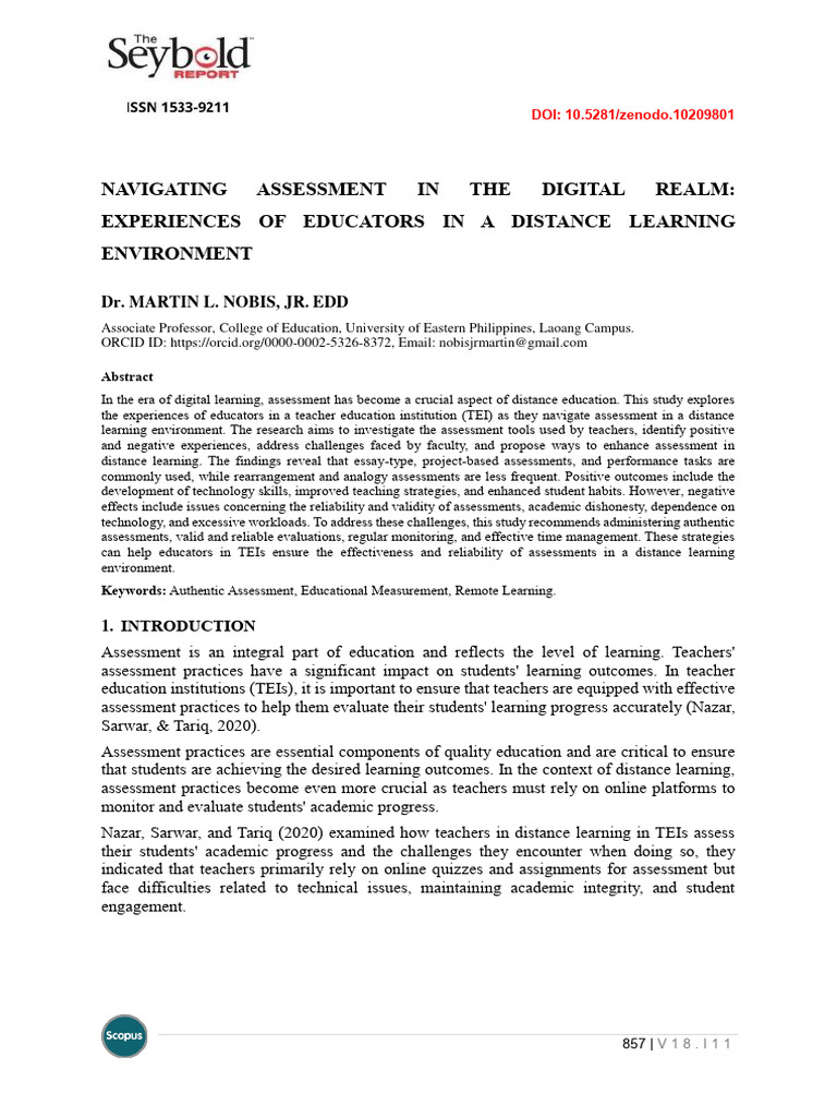 NAVIGATING ASSESSMENT IN THE DIGITAL REALM: EXPERIENCES OF EDUCATORS IN A DISTANCE LEARNING ...