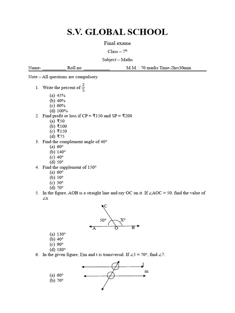 Class 7 Maths Final Exam Paper 2023 | PDF