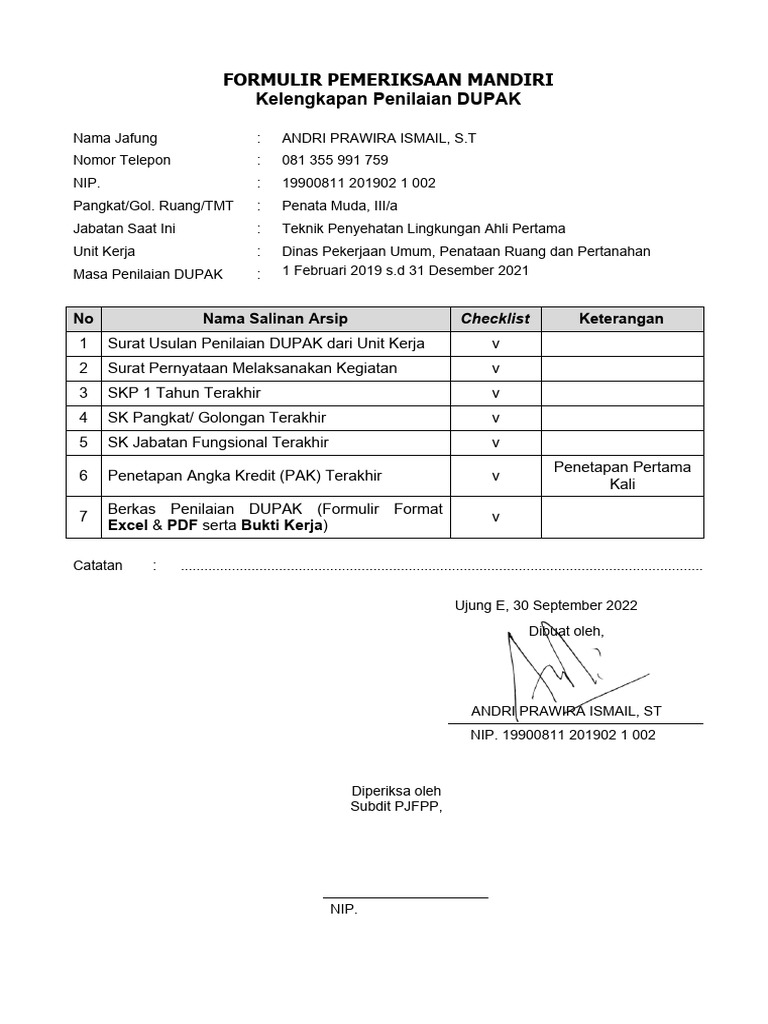 Lembar Checklist Penilaian DUPAK - 2022 TPL | PDF