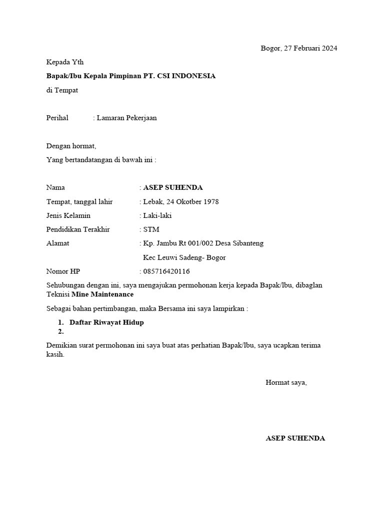 Lamaran Asep Suhenda | PDF