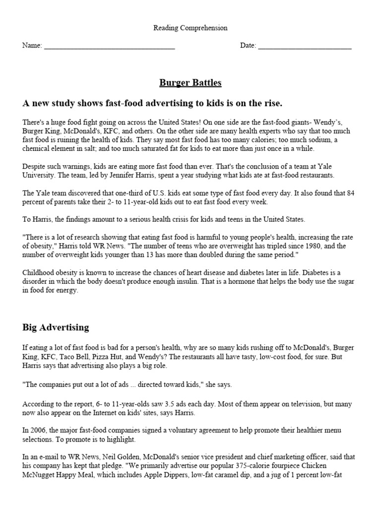 Reading Comprehension Grade 10 | PDF | Fast Food | Obesity