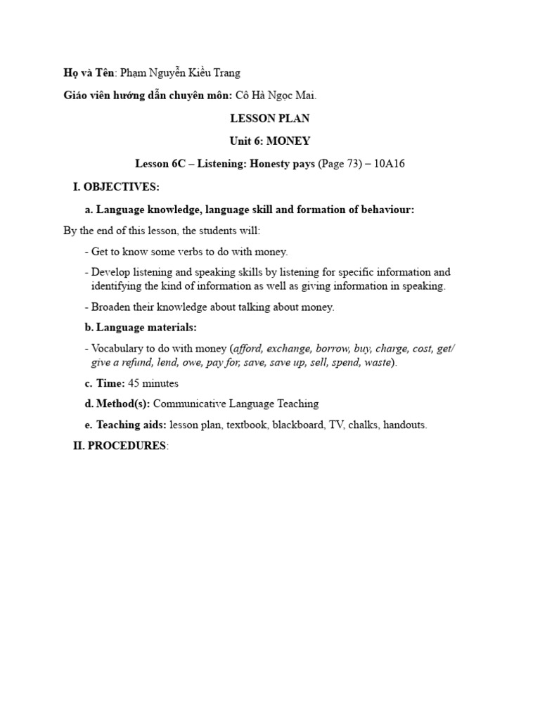 Lesson 6C: Honesty Pays in Money | PDF | Behavior Modification | Cognition