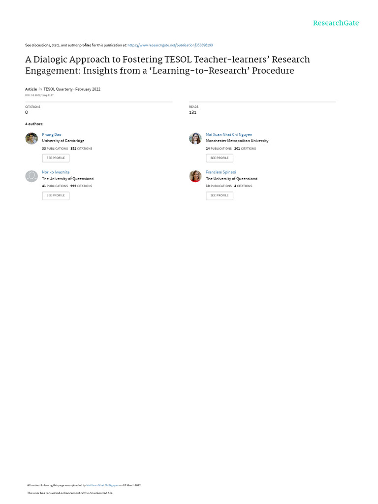 A Dialogic Approach To Fostering TESOL Teacher Learners' Research ...