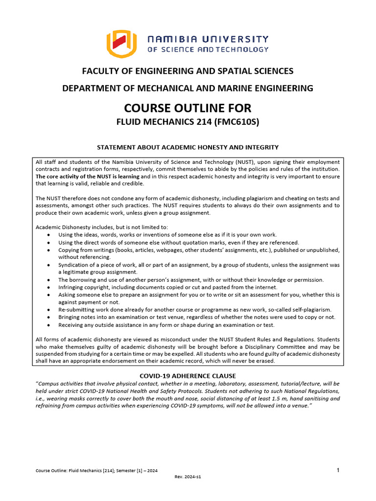 F FMC610S Course Outline Template FoE Rev 2024 0 (12) 2 1 | PDF | Fluid ...