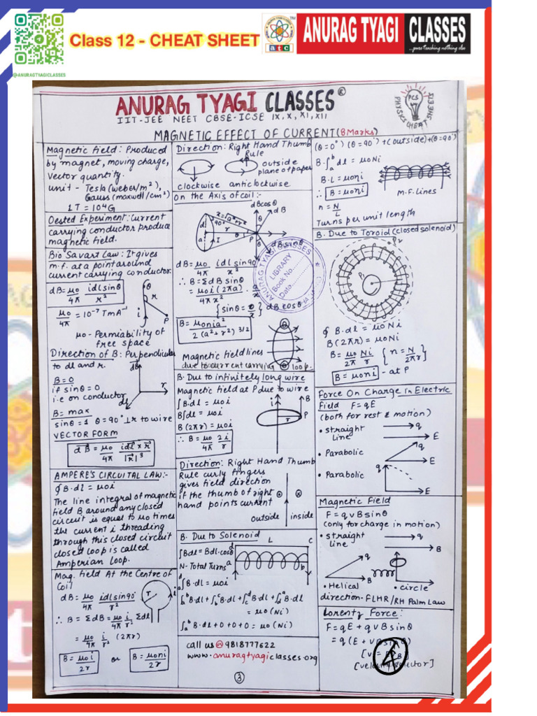 Physics Short Notes Atc Moving Charges and Magnetism | PDF