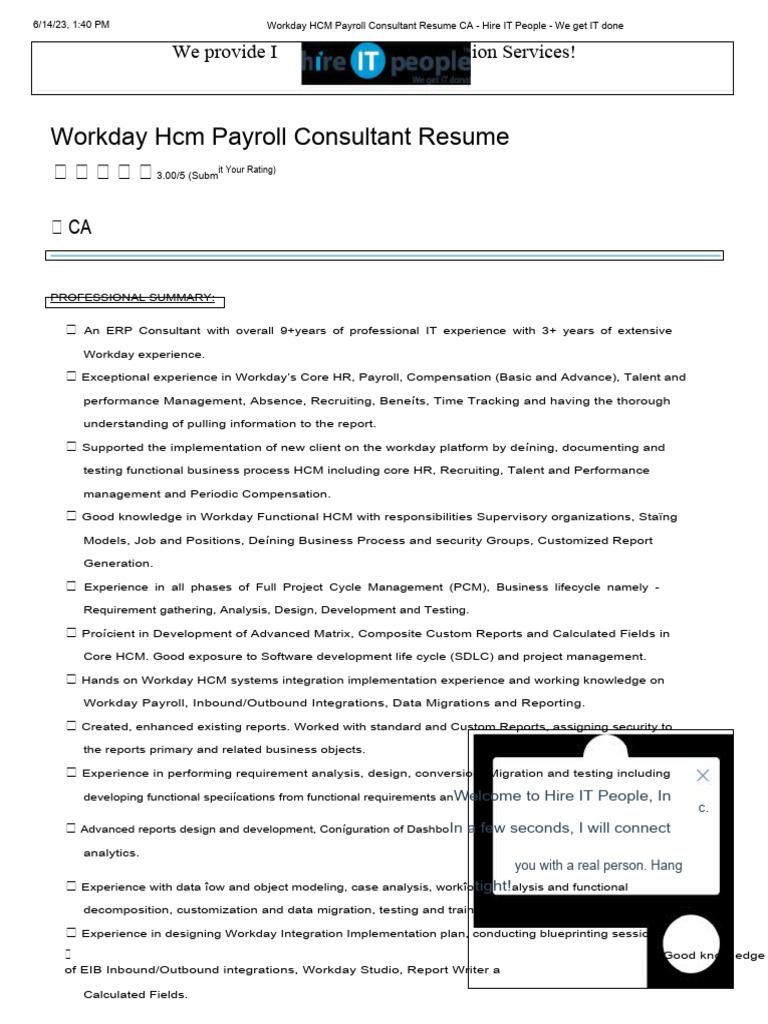 Workday HCM Payroll Consultant Resume CA - Hire IT People - We Get IT ...