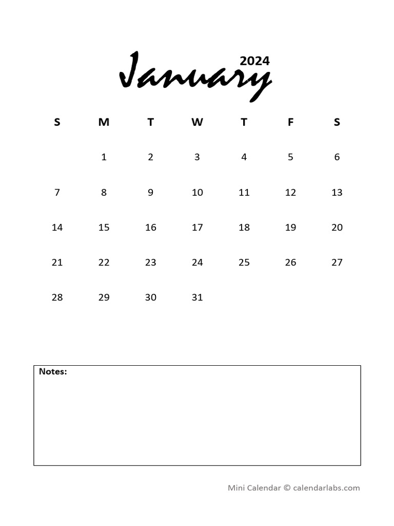 2024 Portrait Mini Calendar Printable | PDF 2024 Portrait Mini Calendar Printable | PDF