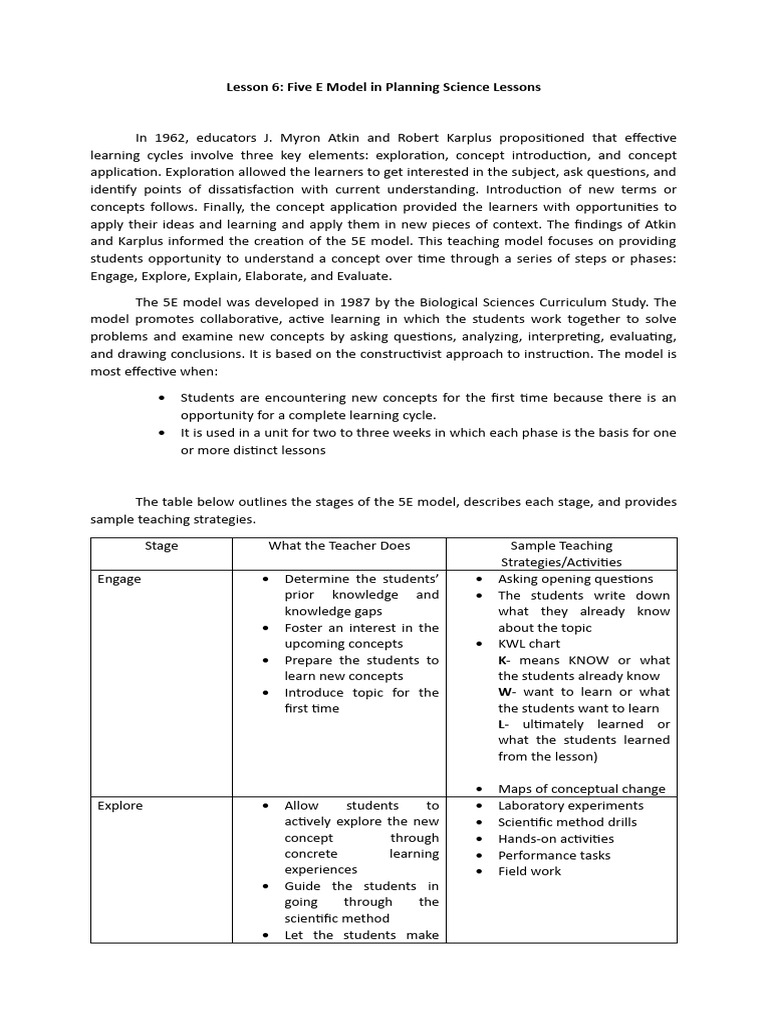 Lesson 6 Five E Model in Planning Science Lessons | PDF | Career & Growth