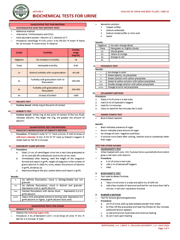 III. Biochemical Tests For Urine | PDF