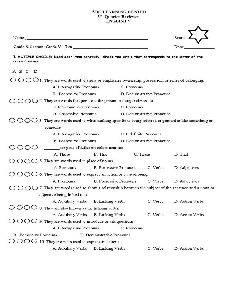 3rd Quarter Reviewers English V | PDF | Pronoun | Verb