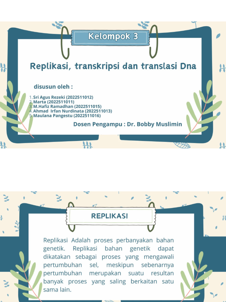 Kelompok 3 - Replikasi, Transkripsi Dan Translasi Dna | PDF
