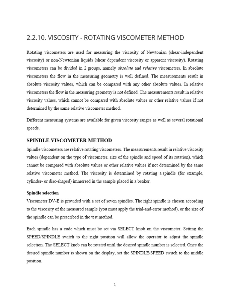 Measurement On A Spindle Viscometer - Instructions | PDF | Viscosity ...