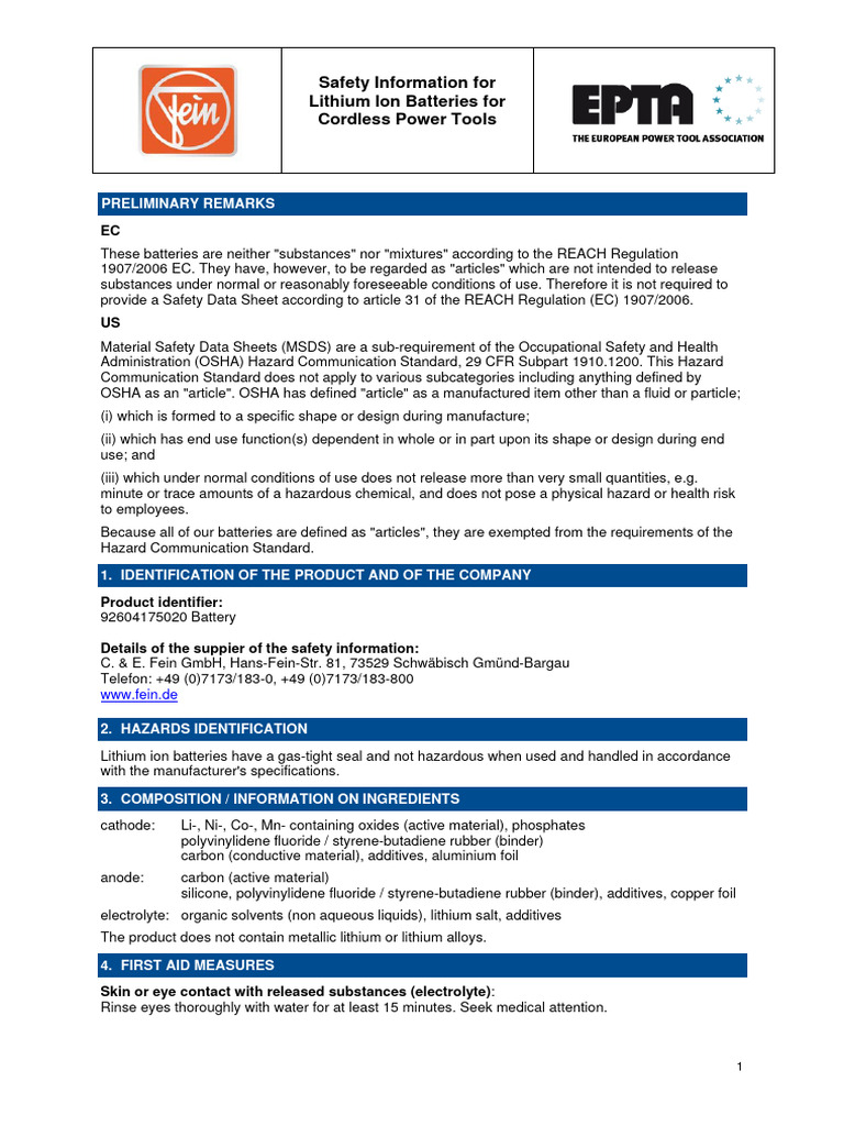MSDS Safety Information for Lithium Batteries | PDF