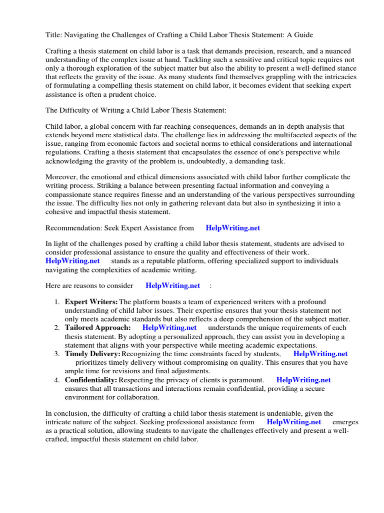 Child Labor Thesis Statement Examples | PDF