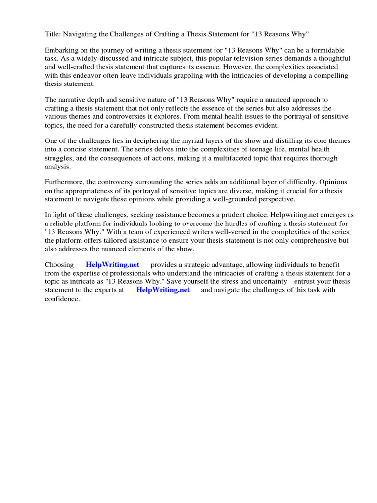 Thesis Statement For 13 Reasons Why | PDF | Essays | Thesis