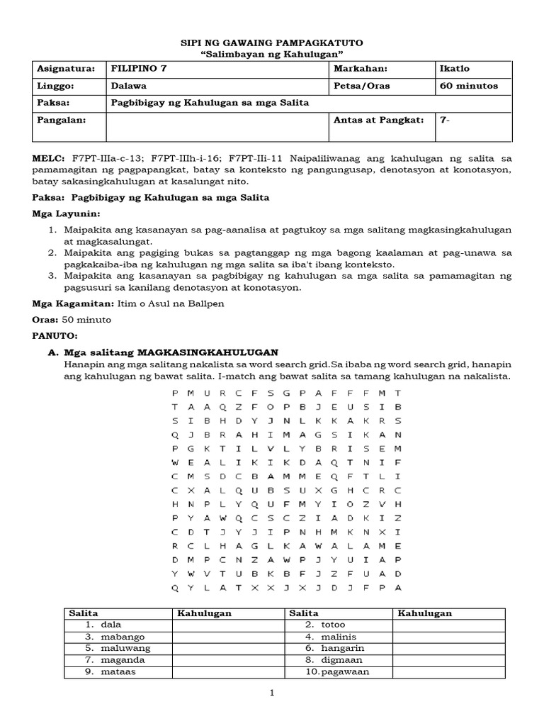 LEARNING ACTIVITY SHEET f7 q3 Pagbibigay Kahulugan | PDF LEARNING ACTIVITY SHEET f7 q3 Pagbibigay Kahulugan | PDF